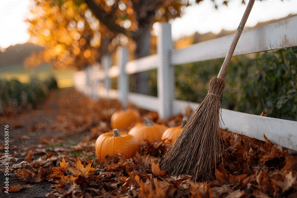 Broom rests beside pumpkins in a fall landscape Generative AI Stock ...