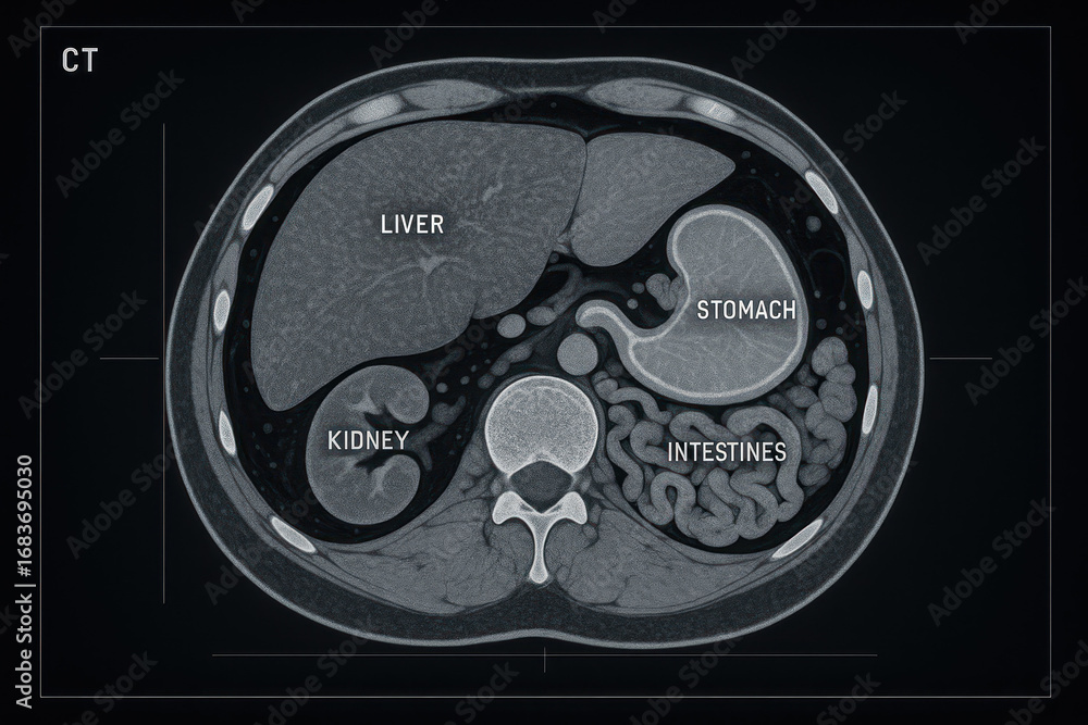 Abdominal CT Scan with Organs Labeled: Liver, Stomach, Intestines ...