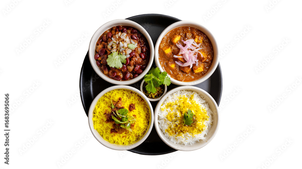 Delicious Indian Thali with kidney bean curry paneer curry yellow rice ...