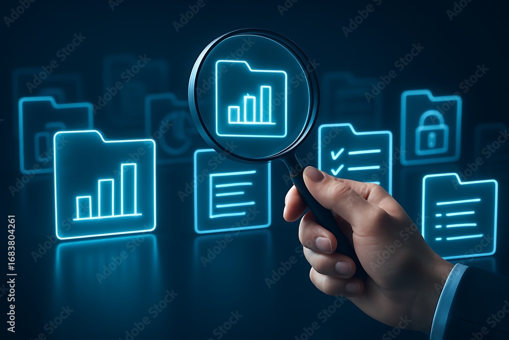 Data folder analytics search with magnifying glass highlighting growth ...