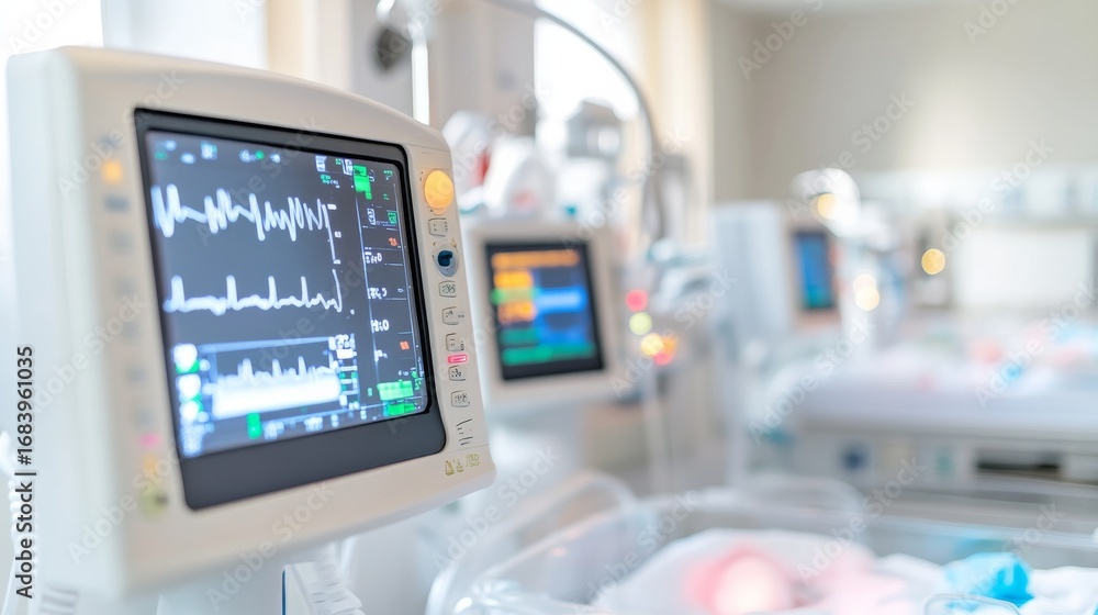 Neonatal ICU Medical Monitor Displaying Vitals and Baby Bassinet ...