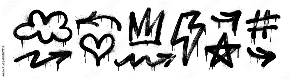 Urban graffiti spray paint icon set in street art style and gritty ...