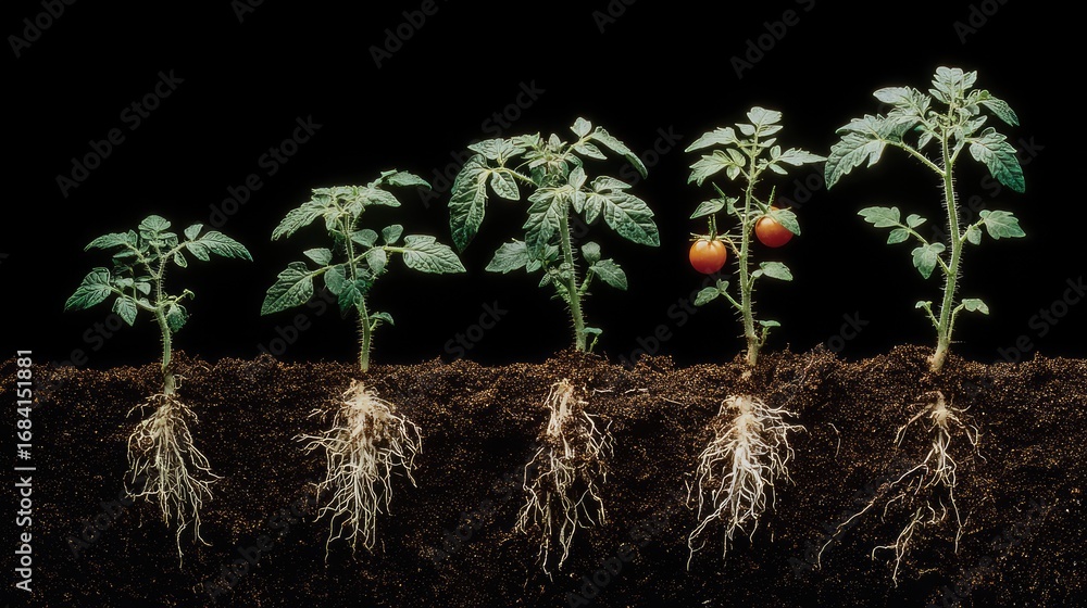 Tomato plants growing in stages, from seedling to bearing fruit, with ...