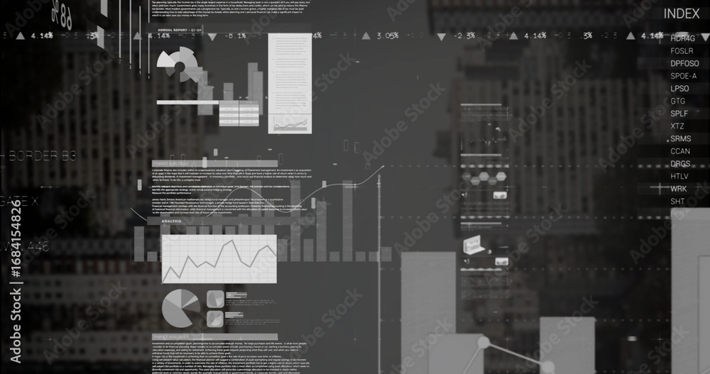 Overlay presenting graphs in city skyline, with bar, line and pie ...