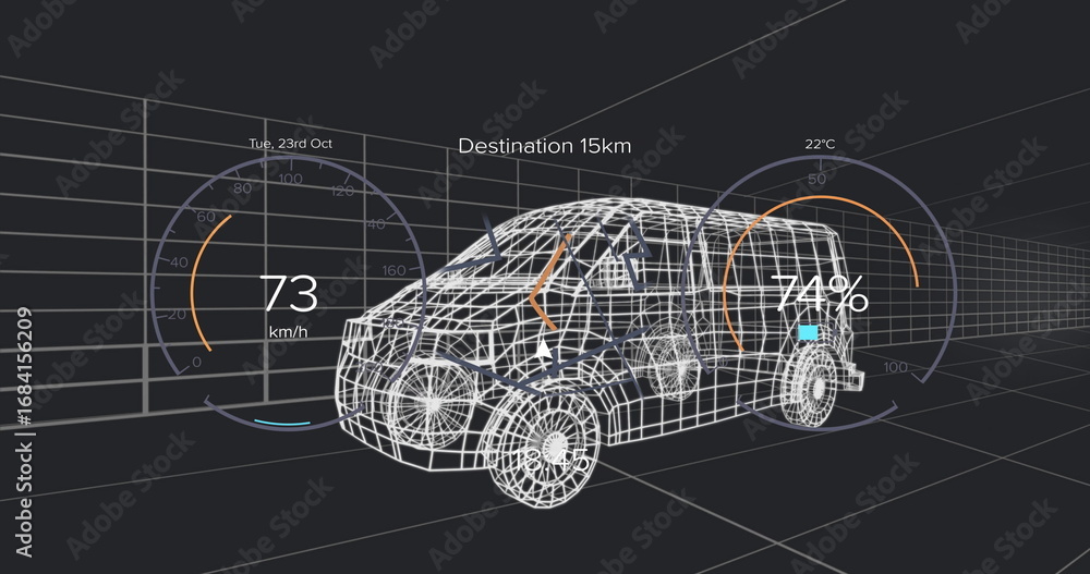Displaying wireframe compact SUV model rotating in virtual 3D grid ...
