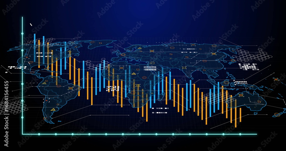 Ilustración de Stock Displaying bar chart overlaying world map on dashboard, with turquoise axes ...