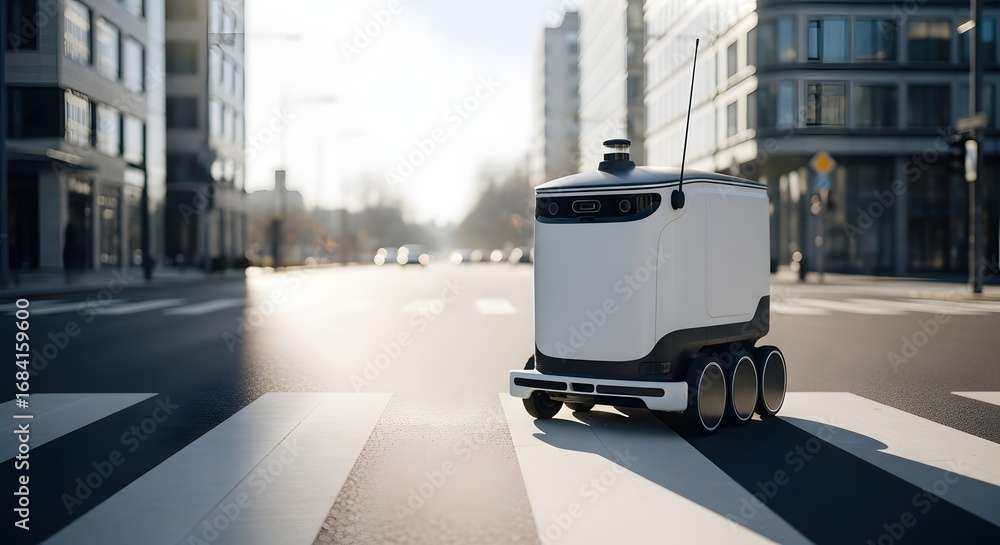 Foto de Stock Autonomous Delivery Robot Crossing Urban Street on ...
