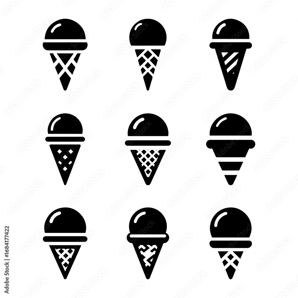 Ice Cream Cone Clip Art Set – Black Silhouette Vector of Summer Dessert ...