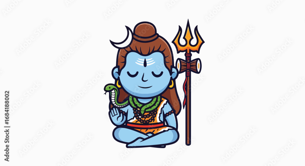 Cute chibi cartoon Lord Shiva meditating in lotus pose, holding Trishul ...
