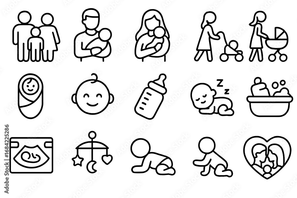 Family and Parenthood Line Icons Pack with Baby, Infant, Parenting ...