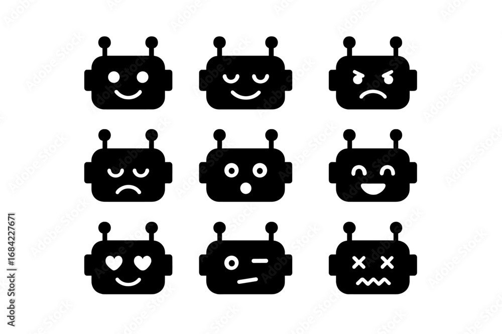 Robot emoji solid icon set. Android head character with mood ...
