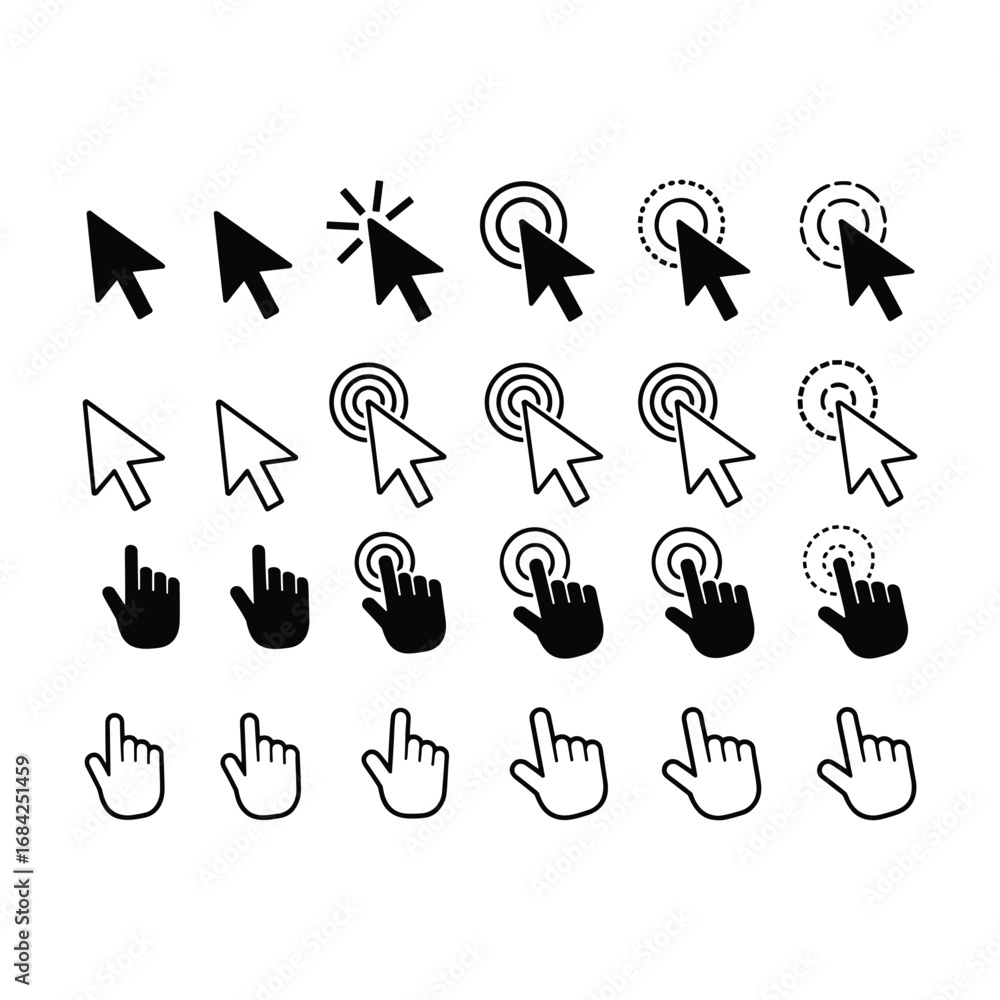 Collection of black and white cursor and hand pointer icons for clicking mouse selection Stock ...