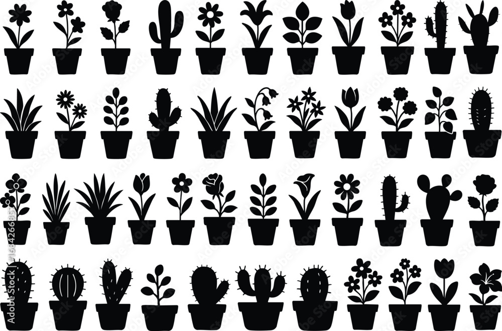 Vector set of potted flower silhouettes, clipart bundle featuring ...