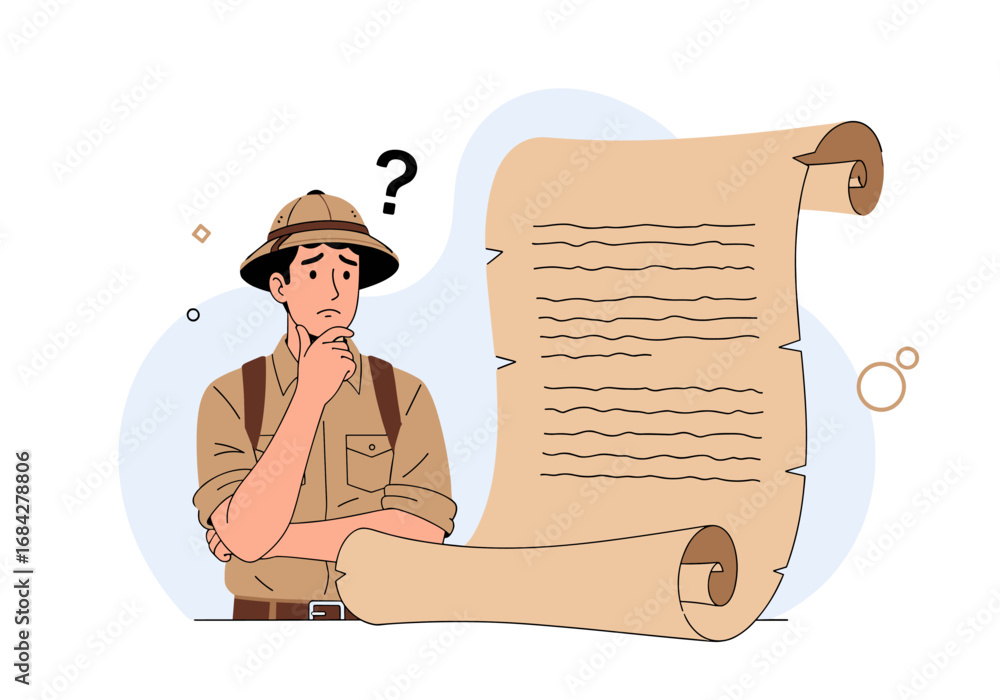 Adventurous explorer contemplating ancient map with curious expression ...