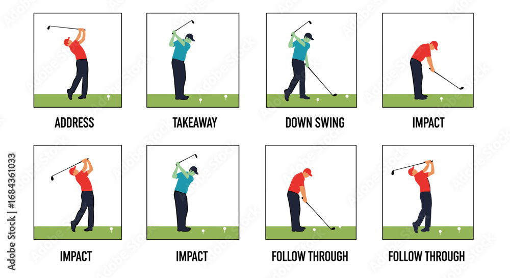 Illustrated golf swing sequence diagrams showcase the different stages ...