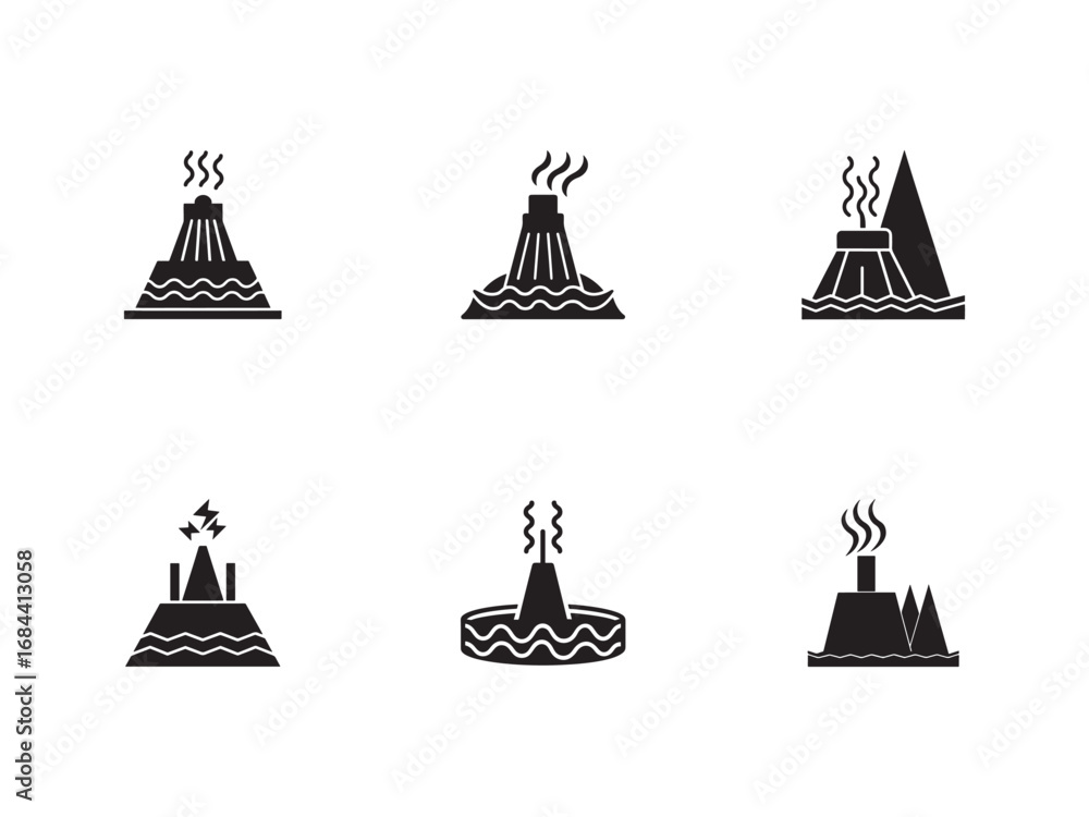 Collection of stylized volcano icons eruptions and volcanic activity in ...