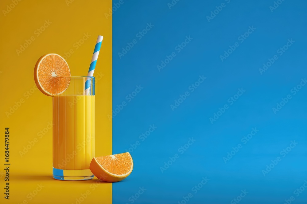 Glass of orange juice with orange slices on a split yellow and blue ...