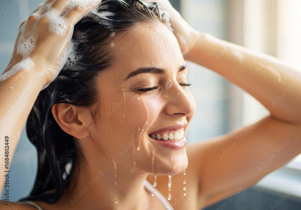 Happy woman washing hair with shampoo in shower. Concept of hygiene ...