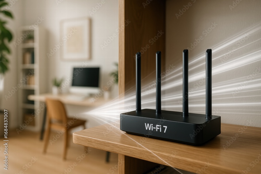 Modern Home Office with a Stylish Wi-Fi 7 Router Enhancing Connectivity ...