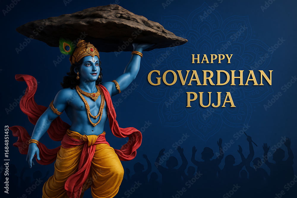 Happy govardhan puja, a powerful and muscular statue of lord krishna ...