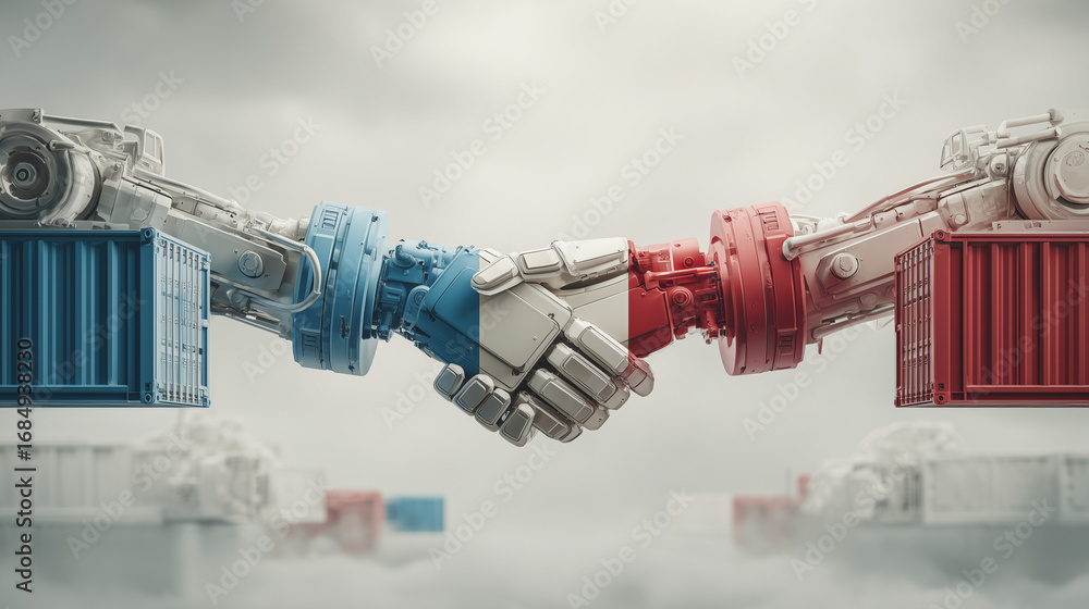 Robotic Arms Handshake with Cargo Containers, Trade Partnership Stock ...