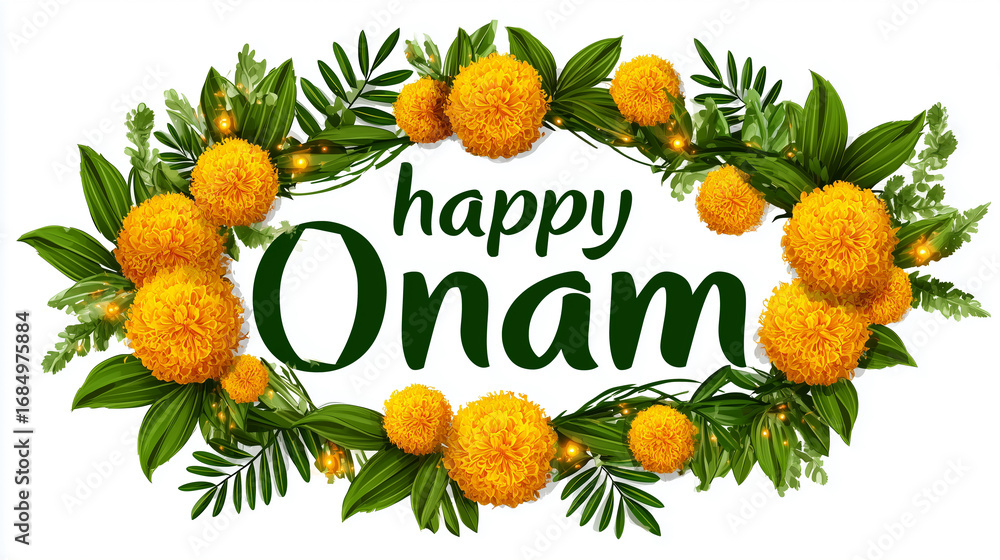 Happy Onam floral circular border frame made of leaves and marigold ...