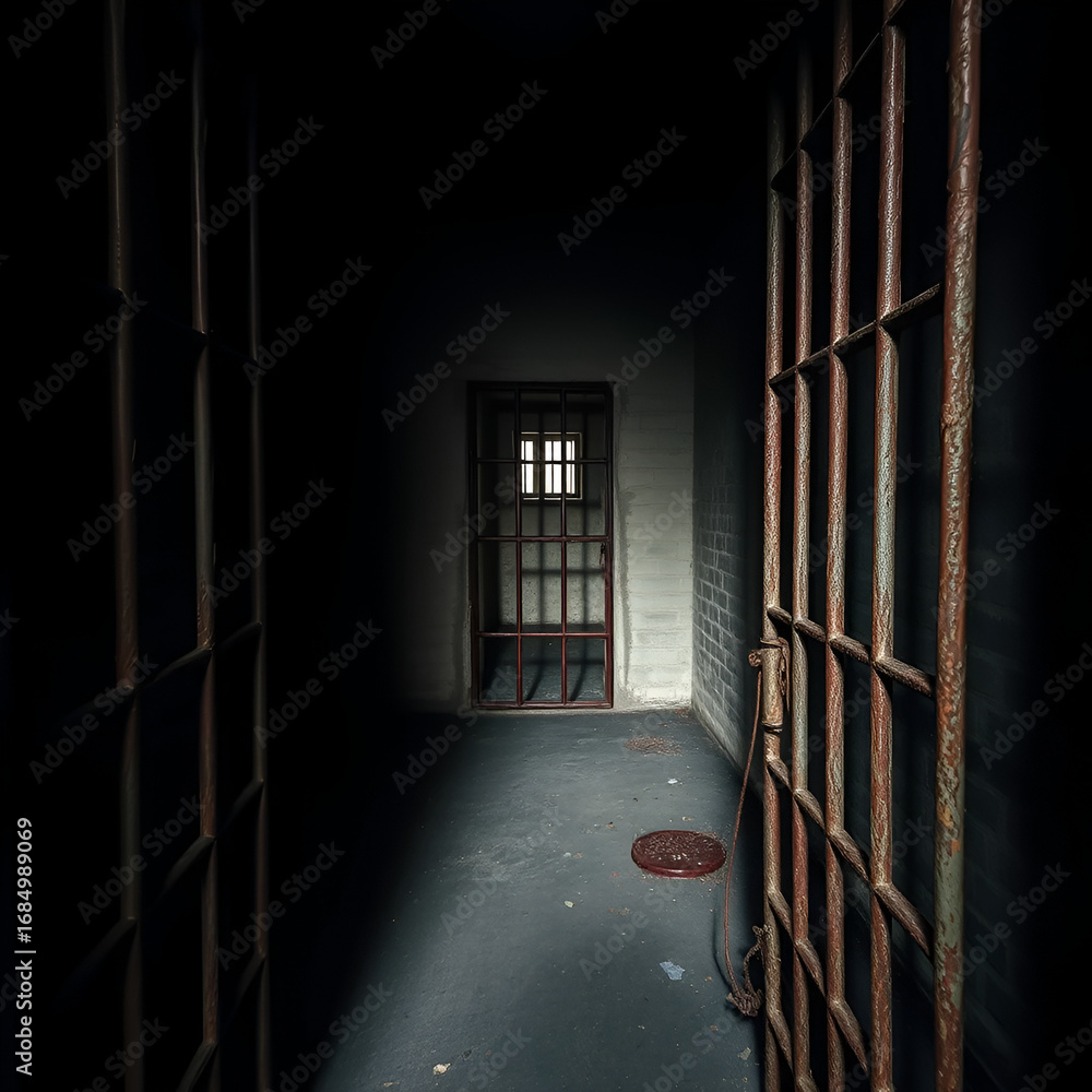 ภาพถ่าย Stock Old prison cell with rusty bars and a dark atmosphere in ...