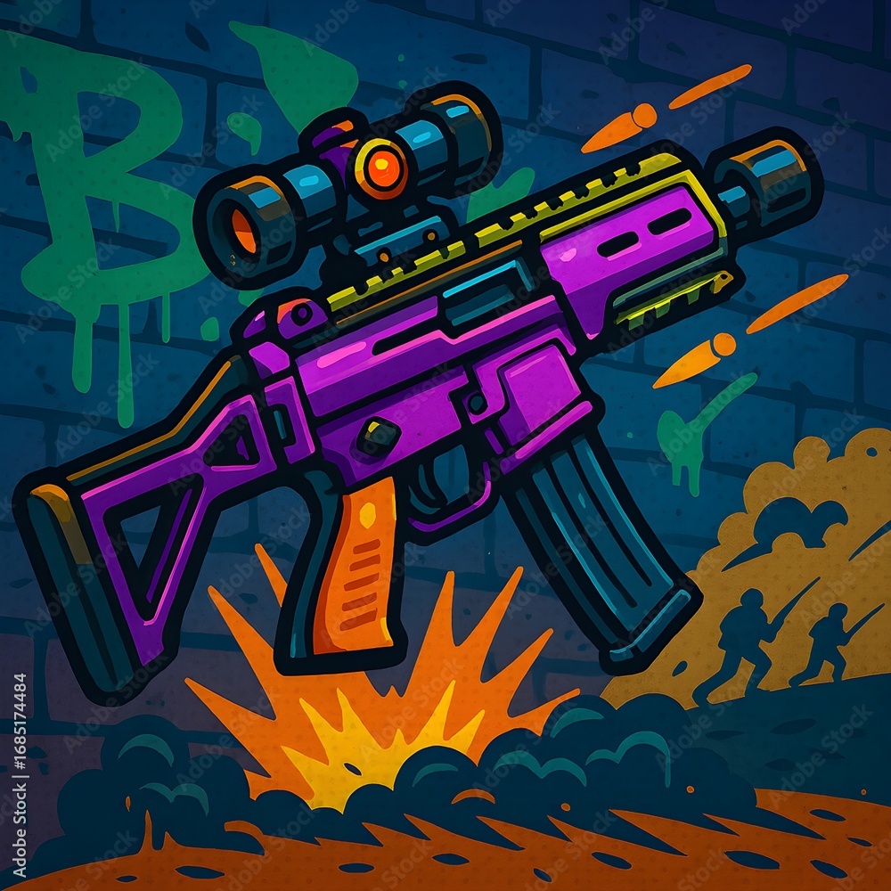 "UMP45 submachine gun in cartoon style, neon purple and lime green body ...