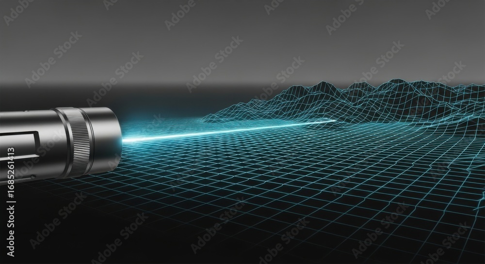 Futuristic Laser Device Emitting Light Over Digital 3d Terrain Model in ...