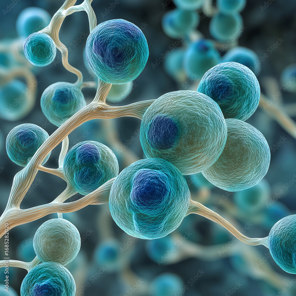 Candida fungi, generative ai illustration showing budding yeast cells ...