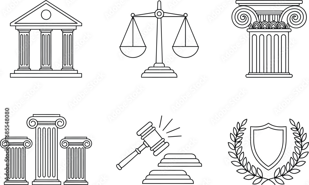 Justice and Law Outline Icons Courthouse, Scales, Gavel, Columns ...
