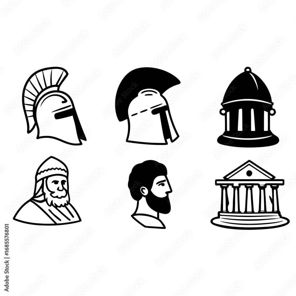 Collection of ancient greek symbols, including helmets and architecture ...