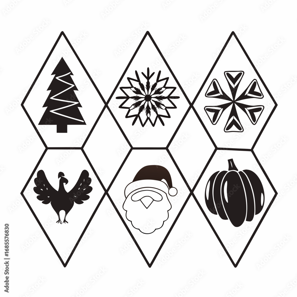 Seasonal holiday symbols in rhombus shapes in line art style Stock ...