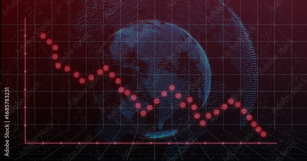 Red dotted line graph trending downward across 3D grid in dashboard ...