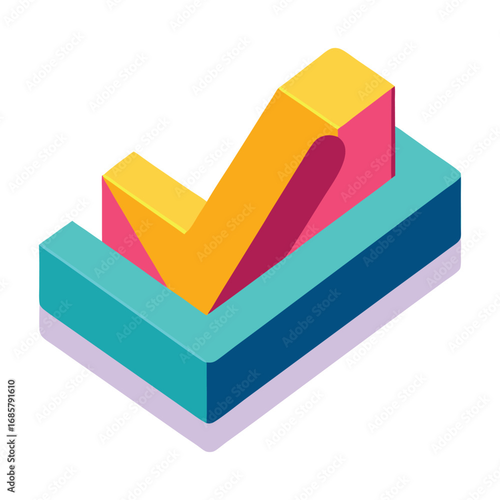 Isometric Check Mark Symbol in Teal Yellow Pink and Blue Layers ...