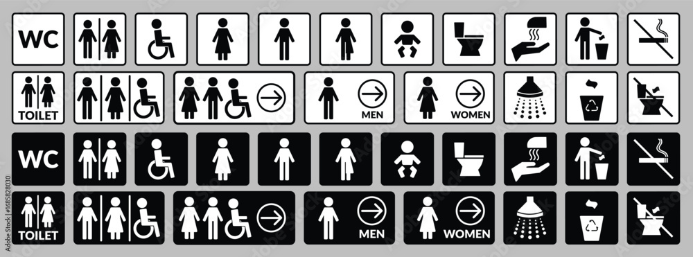 WC icons set with restroom, man, woman, handicapped, mother with baby ...