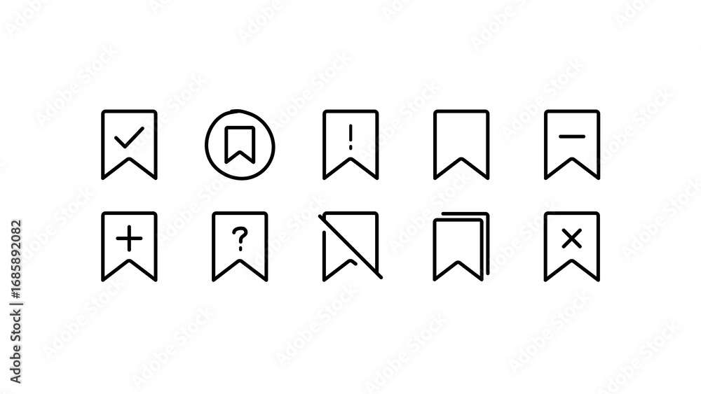 Set of hand-drawn bookmark icons in a doodle sketch style. Includes ...