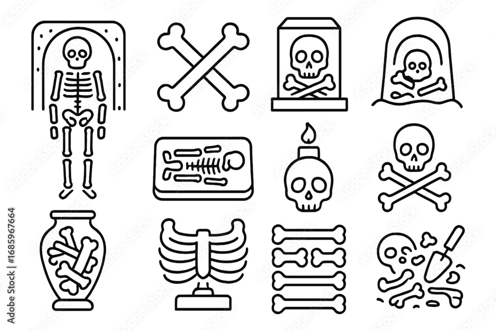 Line Style Bone Icons. Line style icons of bones in burial: buried ...