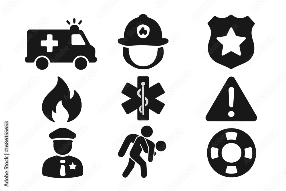 Stock-Vektorgrafik „Emergency services icon set. First responder ...