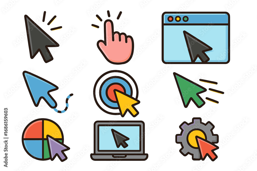 Colorful digital cursor icons and technology symbols for software ...