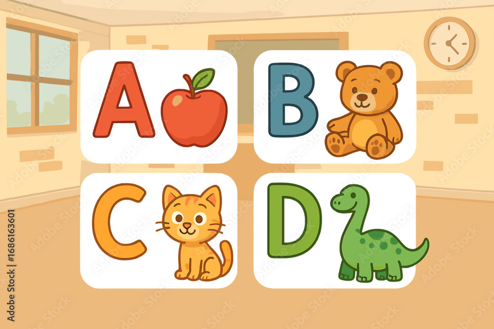 Alphabet learning flashcards with A, B, C, D letters and cute ...