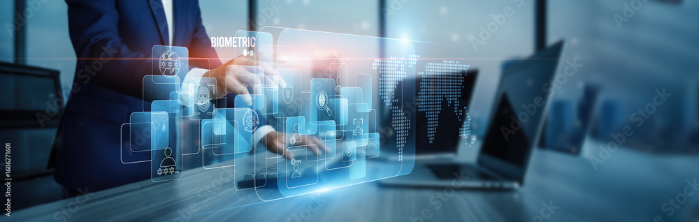 Biometric concept. Hand touching biometric authentication technology ...