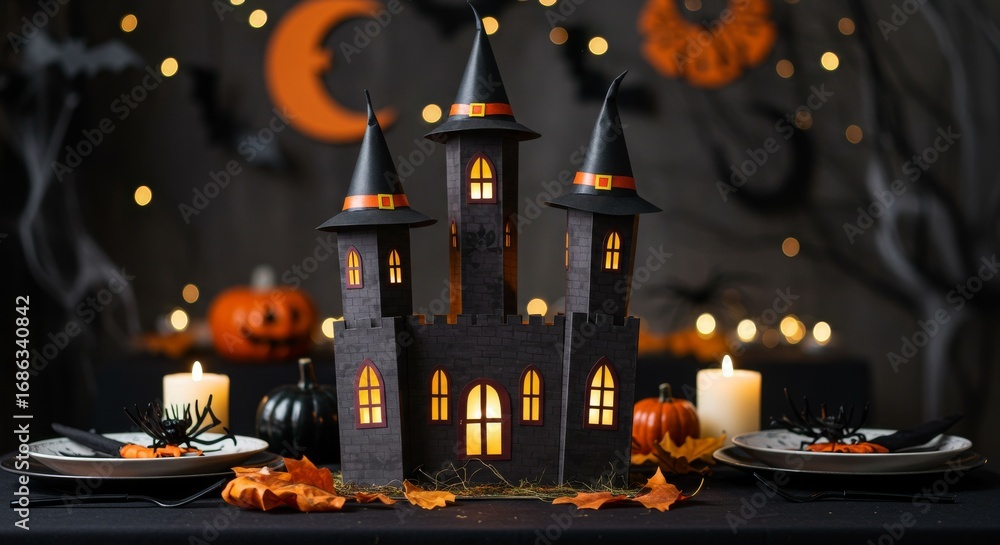 Halloween Haunted Castle Craft with Witch Hat Towers, Glowing Windows ...