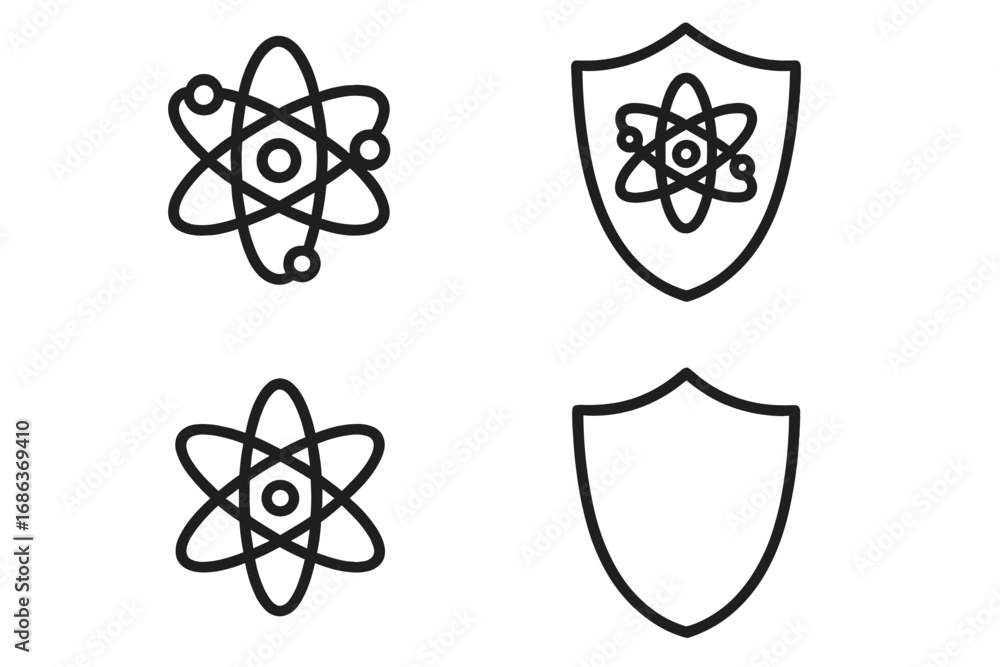 Atom symbol in shield icon. Nuclear energy safety concept. Physics ...