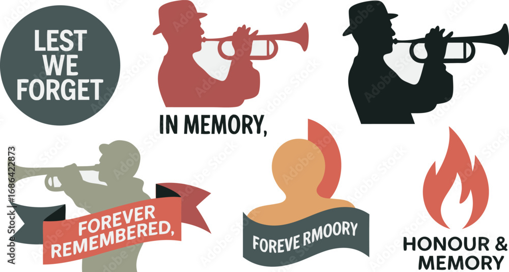 Lest We Forget, In Memory, Honour, Silhouette Trumpeters and Flame ...