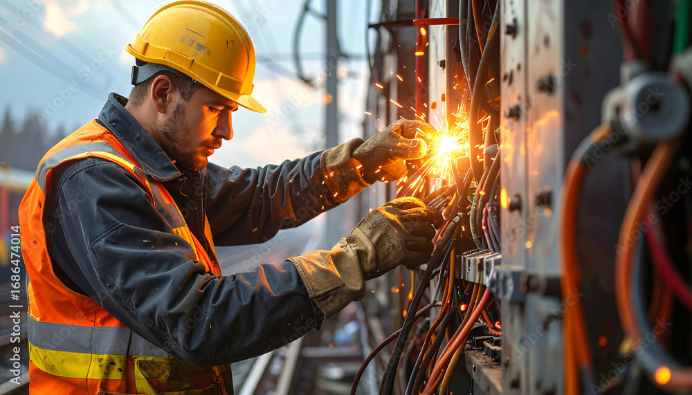 Electrician welding wires with sparks flying in industrial setting for ...