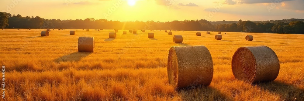 Dense stacks of hay bales form a golden, sun-drenched forest ...