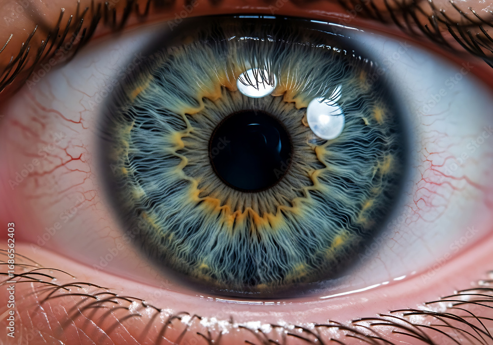 Foto de Stock Close-up of a human eye with a blue iris and visible ...