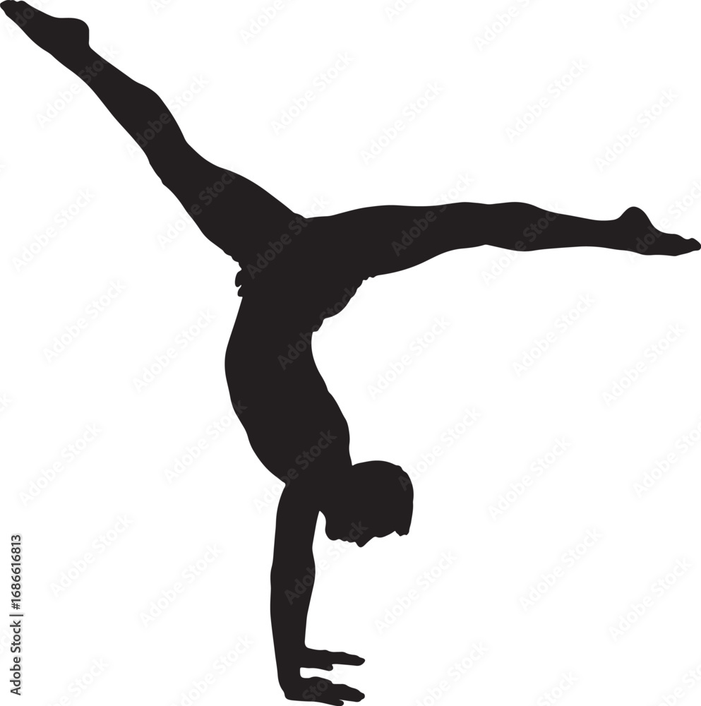 Black silhouette of a male gymnast in a handstand split position ...
