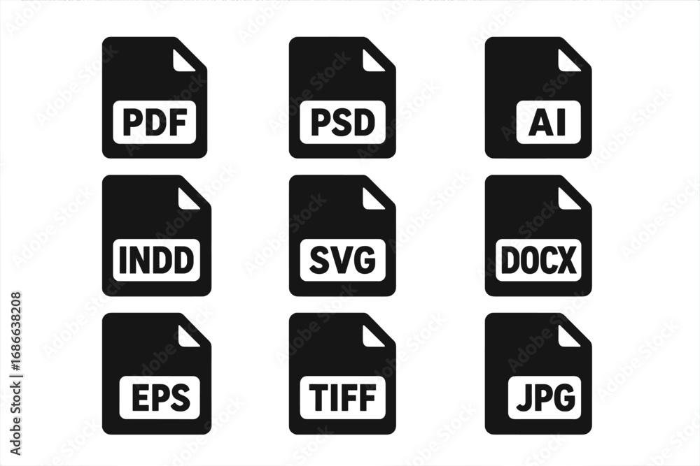 Vettoriale stock di File format icon set. Solid glyph collection of ...